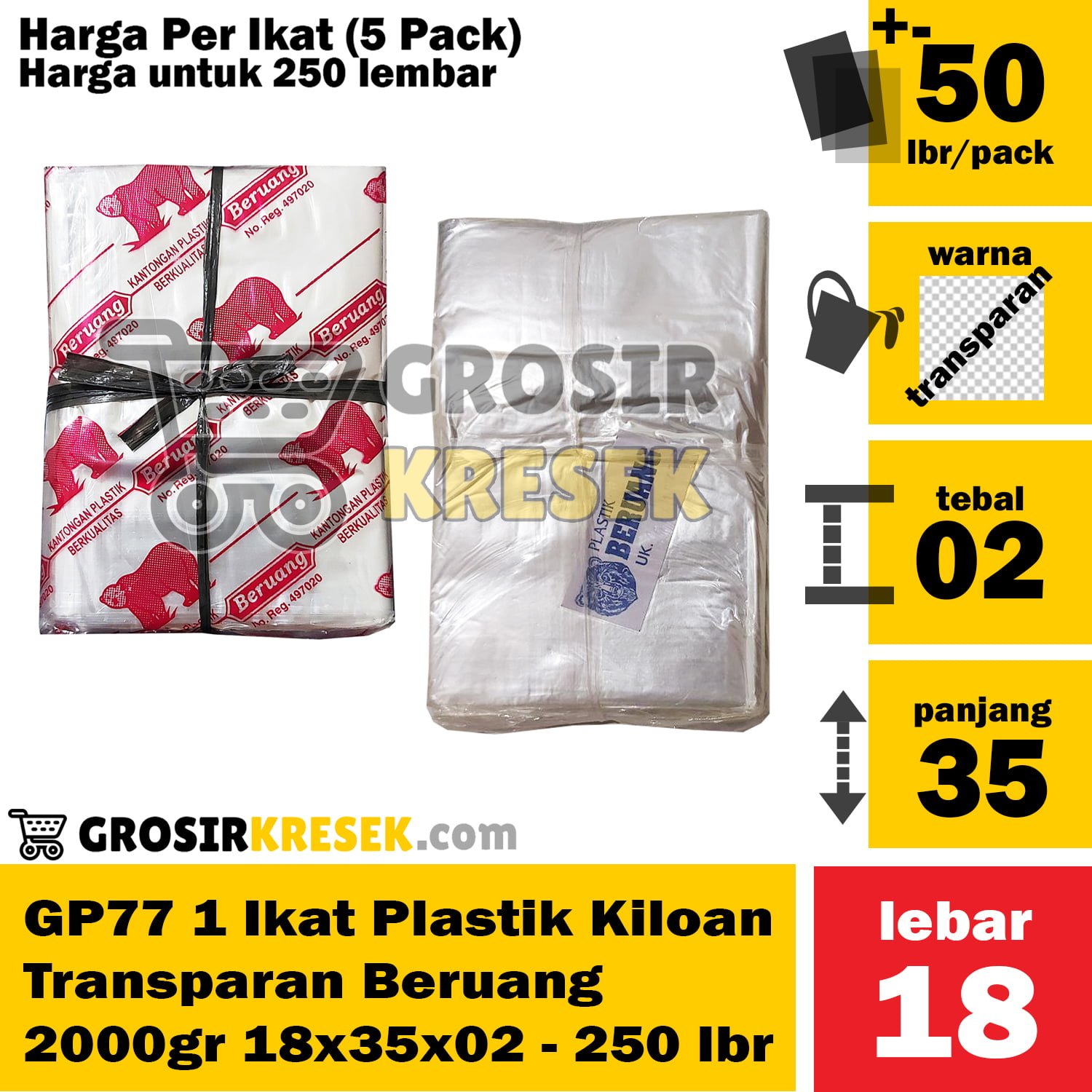 1 Ikat Plastik Kiloan Transparan Beruang 2000gr 02x18x35 250lbr GP77 ...